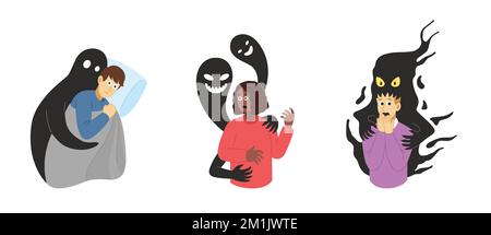 Set of scared people suffering phobias. Male, female characters afraid ...