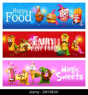 Cartoon funny fast food mage and wizard characters, vector banners ...