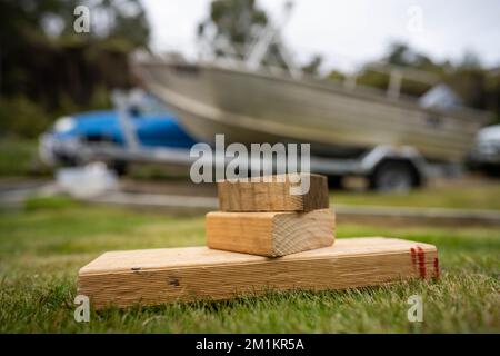 wood chocks for a caravan and camping. chocks behind a tyre. camping ...