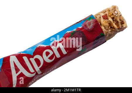 Alpen Strawberry & Yoghurt bar opened to show contents set on white ...