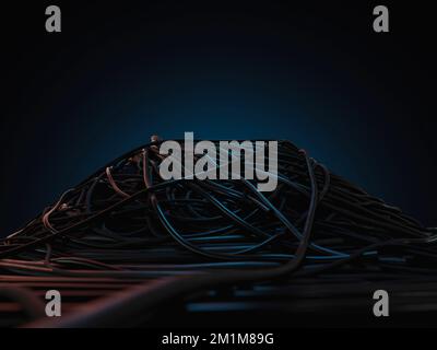 A jumbled huge pile of black electrical cables creating a stage on a ...