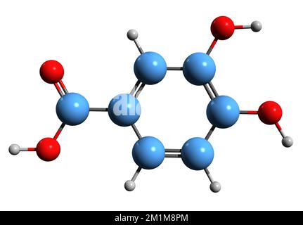 Protocatechuic acid (PCA) green tea antioxidant molecule. 3D rendering ...