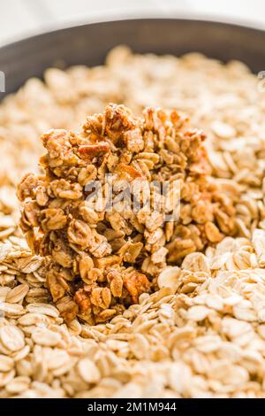 Delicious sweet healthy breakfast. Oatmeal with apples, bananas, honey ...