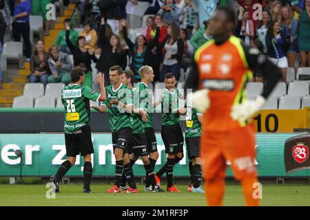 Cercle's players celebrate during a soccer match between RFC Seraing ...
