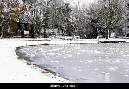 Verulamium Park St. Albans showing the frozen lake and beautiful snow ...