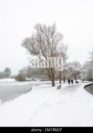 Verulamium Park St. Albans showing the frozen lake and beautiful snow ...