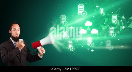 Young person with megaphone and technology related icon Stock Photo - Alamy