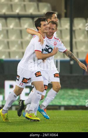 20141101 - BRUGGE, BELGIUM: Kortrijk's Gert-Jan De Mets celebrates ...