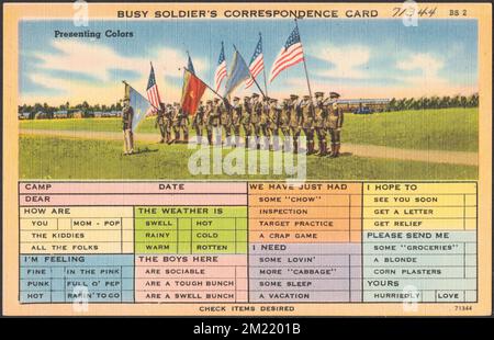 Busy soldier's correspondence card. Presenting colors , Military ...