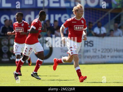 Standard's Jonathan Legear celebrates after scoring during the Jupiler ...