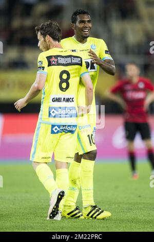 Gent's Thomas Matton and Gent's Renato Neto celebrate during a match ...