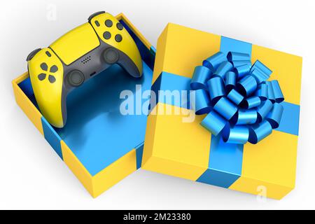 Gift boxes with joystick, ribbon and bow isolated on white background ...