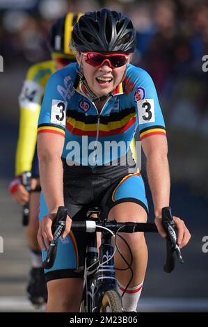 Belgian Laura Verdonschot crosses the finish line at the women U23 race ...