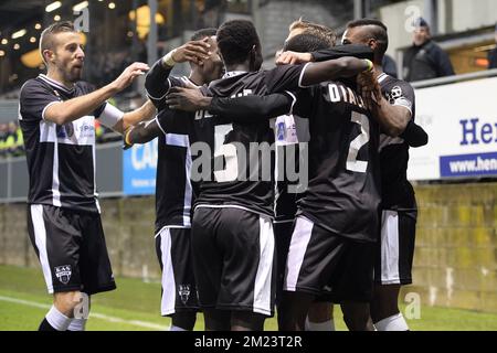 Eupen's Ibrahim Diallo celebrates after scoring during a soccer game ...