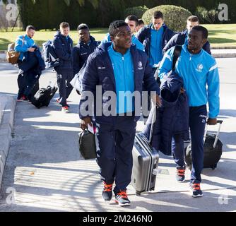Gent's Moses Simon and Gent's Nana Asare pictured arriving at the hotel ...