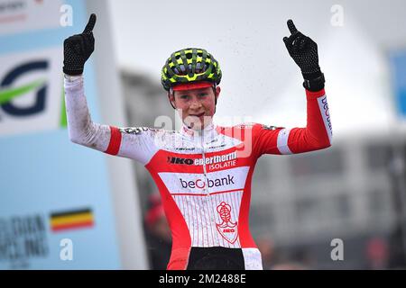 Belgian Toon Vandenbosch celebrates as he crosses the finish line to ...