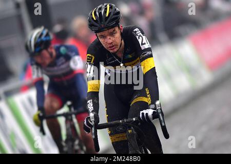 Belgian Andreas Goeman crosses the finish line at the men under 23 race ...