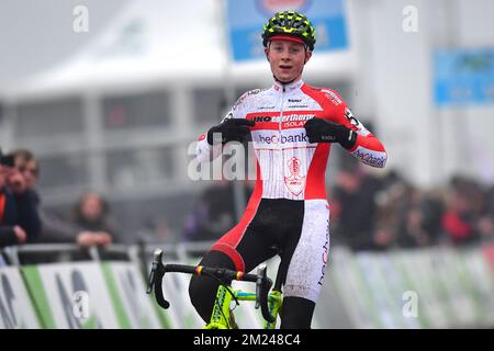 Belgian Toon Vandenbosch celebrates as he crosses the finish line to ...