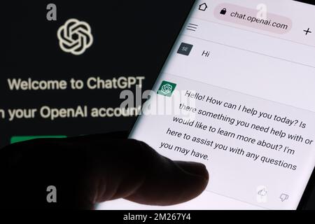 ChatGPT chat bot screen seen on smartphone and laptop display with Chat GPT login screen on the ...