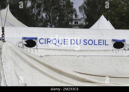 Illustration picture shows the construction of a tent to host the ...