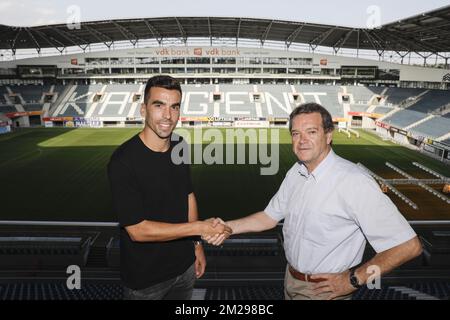 Gent's manager Michel Louwagie and Gent's latest transfer Noe Dussenne ...