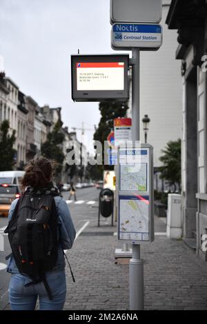 Illustration picture shows the STIB-MIVB logo on a bus stop of STIB ...