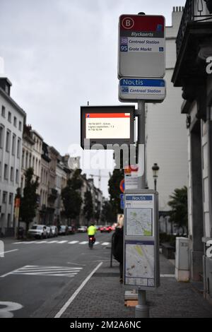 Illustration picture shows the STIB-MIVB logo on a bus stop of STIB ...