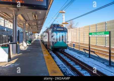 MBTA Green Line Ansaldo Breda Type 8 train at Ball Square station in ...