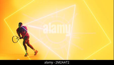 Composite of illuminated geometric shapes over biracial male player ...