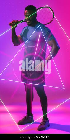 Composite of illuminated geometric shapes over biracial male player ...