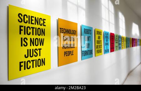 Colourful placards / posters / showcards with slogans about future ...