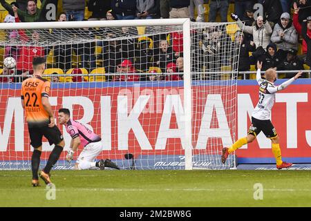 Lokeren's Robin Soder scores a goal during a Croky Cup 1/8 final game ...