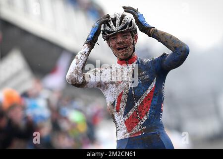 British Ben Tullet celebrates as he crosses the finish line to win the ...