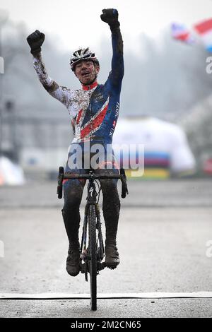 British Ben Tullet celebrates as he crosses the finish line to win the ...