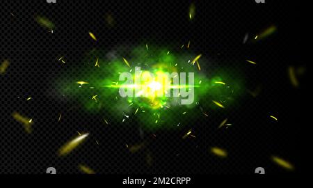 Explosion effect with sparks, green light and smoke. Bomb explode with ...