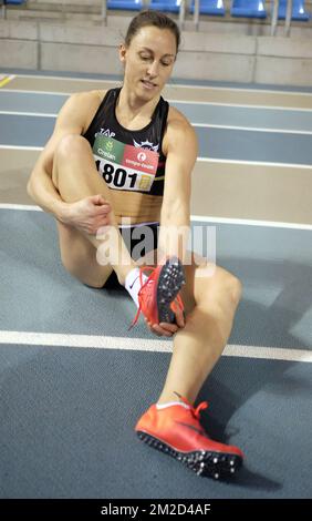 Belgian Eline Berings reacts after the women's 60m hurdles at the ...