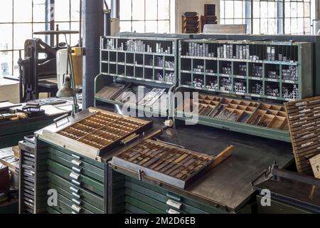 Type case in composing room at printing business, technology for ...