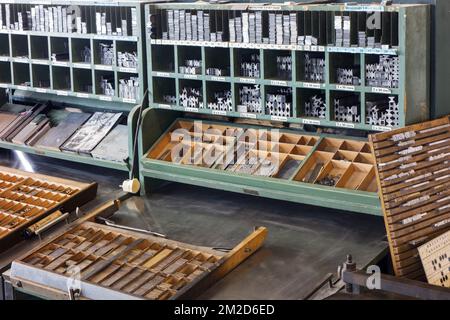 Type case in composing room at printing business, technology for ...