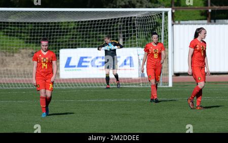 Belgium's Laura De Neve and Czech Lucie Vonkova fight for the ball ...