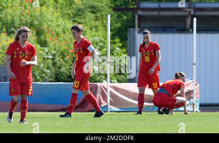 Belgium's Laura De Neve and Czech Lucie Vonkova fight for the ball ...