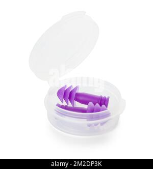 Container with ear plugs on white background Stock Photo - Alamy
