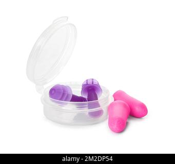 Container with ear plugs on white background Stock Photo - Alamy