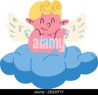 Isolated cute cupid in a floating pose with bow and red heart shape ...
