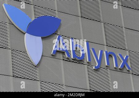 The logo of Belgian pharmaceutical company Ablynx pictured at the 'Tech Lane Ghent' science Park ...