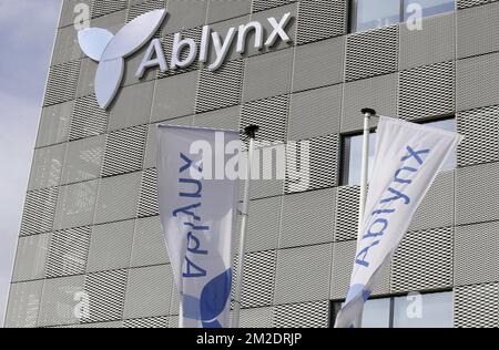 The logo of Belgian pharmaceutical company Ablynx pictured at the 'Tech Lane Ghent' science Park ...