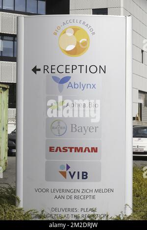 Logos of the Ablynx, Aphea.bio, Bayer, Eastman and VIB enterprises pictured at the 'Tech Lane ...