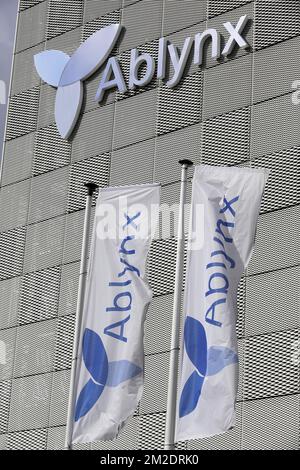 The logo of Belgian pharmaceutical company Ablynx pictured at the 'Tech Lane Ghent' science Park ...
