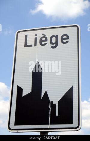 Illustration shows the name of the Liege (Luik) municipality on a road ...