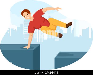 Parkour Sports with Young Men Jumping Over Walls and Barriers in City ...