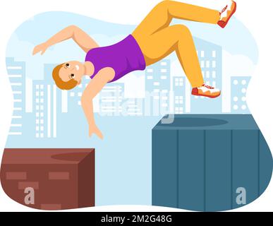 Parkour Sports with Young Men Jumping Over Walls and Barriers in City ...